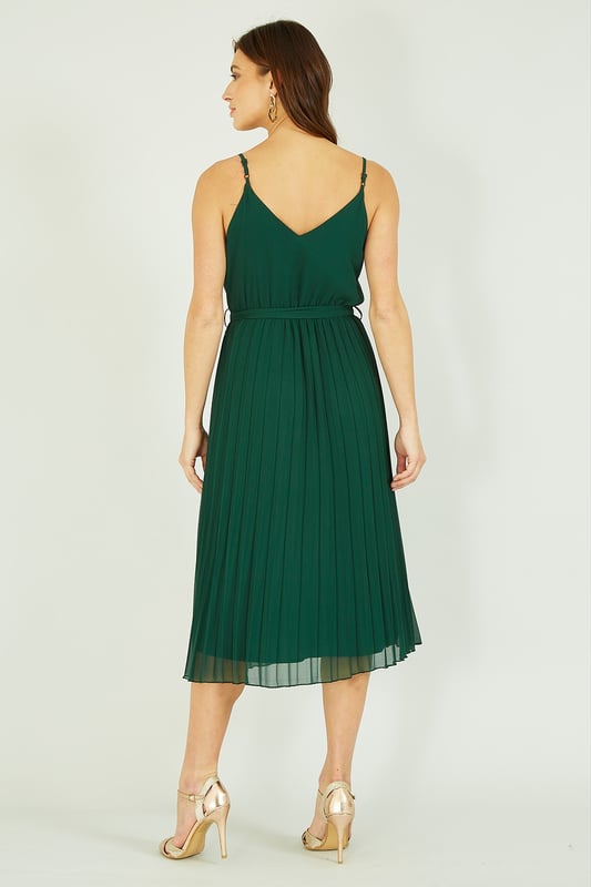 Mela Green Pleated Strappy Midi Dress