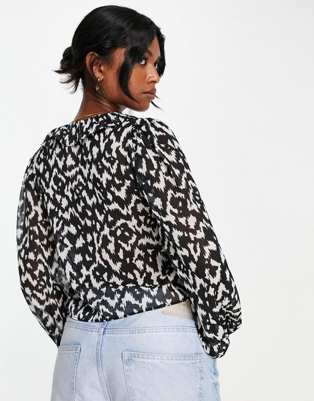 Topshop sheer chiffon ruffle printed top in monochrome-Black