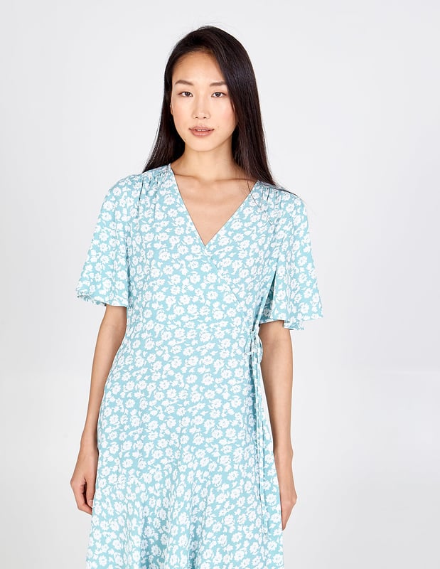 Angel Sleeves Wrap Midi Dress