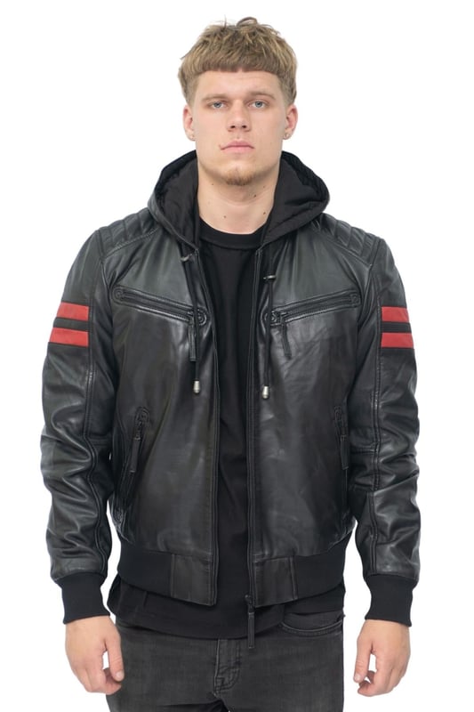 Mens Leather Hooded Retro Bomber Jacket - Skopje