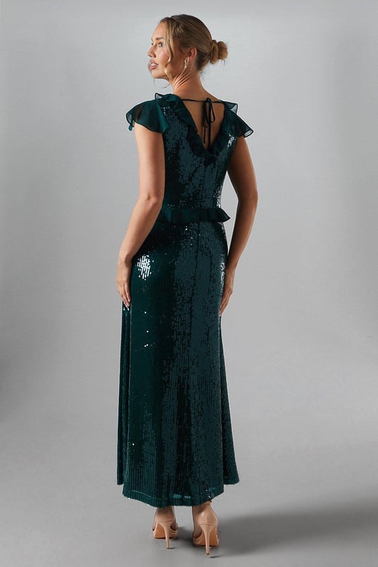 Sequin And Chiffon Flutter Sleeve Bridesmaids Midaxi Dress