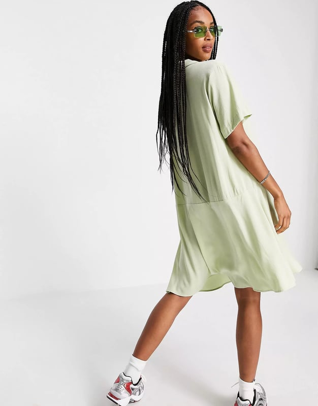 Weekday Millie Smock Mini Dress In Sage Green