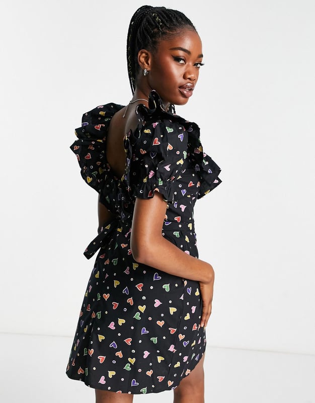ASOS DESIGN cotton ruffle wrap mini dress in colourful heart print-Multi