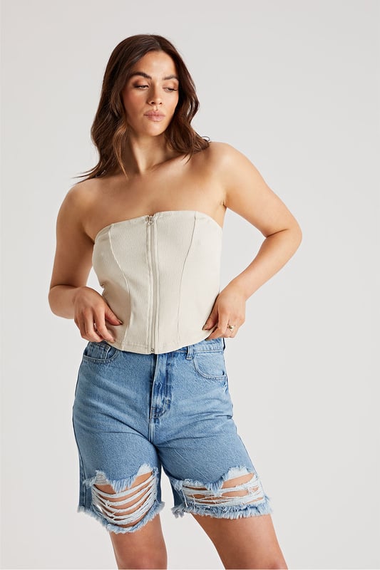 Cream Rib Zip Up Corset Top