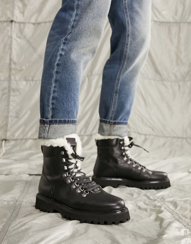 ASOS DESIGN chunky lace up boot in black faux leather with borg lining
