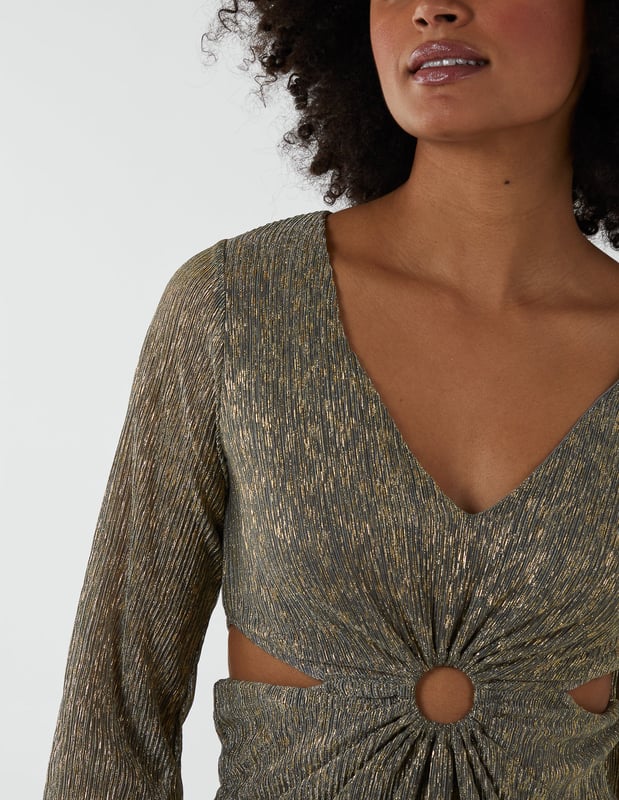 V-Neck Long Sleeve Lurex Dress