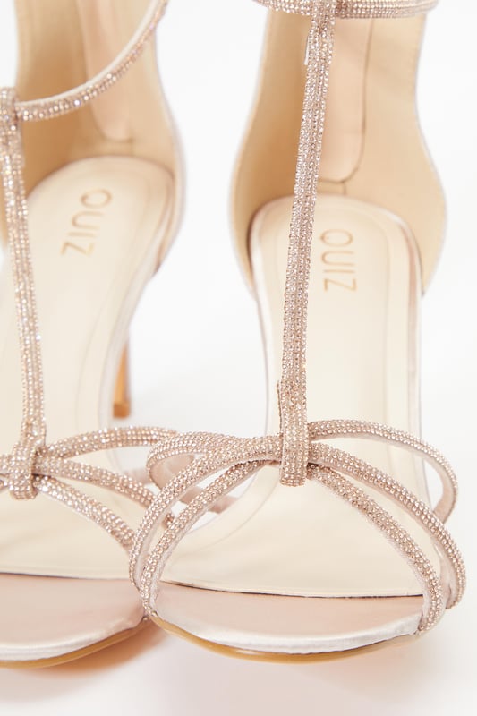 Champagne Satin Diamante T-Bar Heeled Sandals