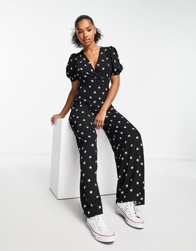 ASOS DESIGN bubble crepe v neck puff sleeve jumpsuit in star print-Multi