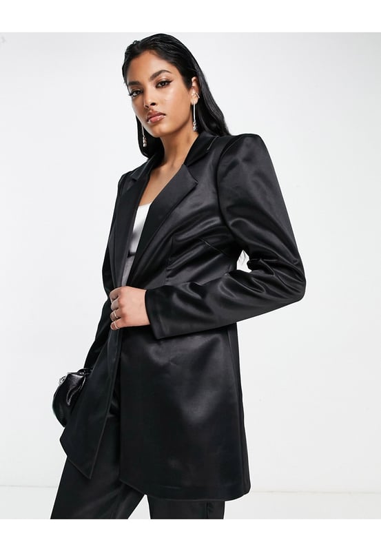 ASOS DESIGN jersey exaggerated shoulder satin suit blazer in black