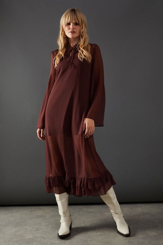 Dobby Chiffon Frill Hem Midi Dress