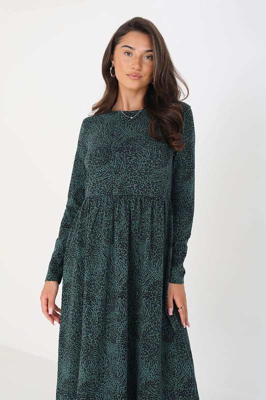 Green Cotton 'Mistie' Animal Print Long Sleeve Midi Smock Dress