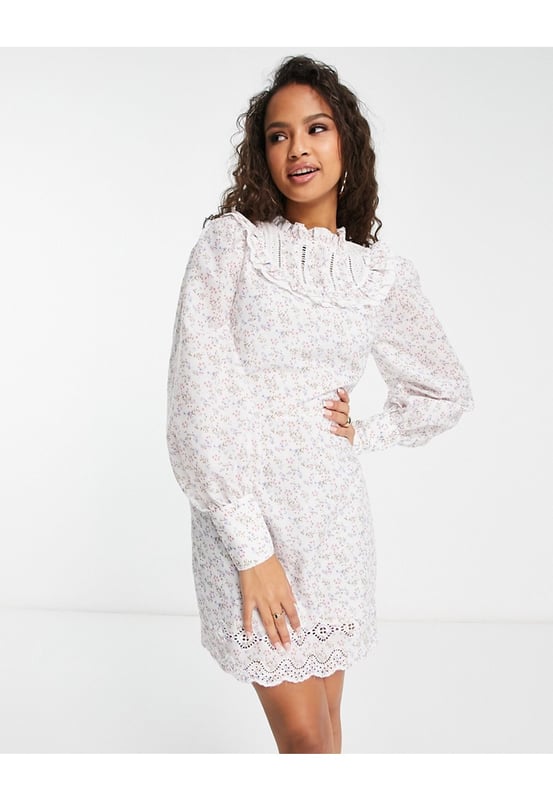 Glamorous high neck shift dress in white broderie ditsy-Multi