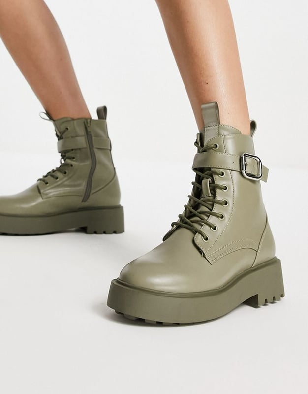 ASOS DESIGN Alix chunky lace up ankle boots in khaki-Green