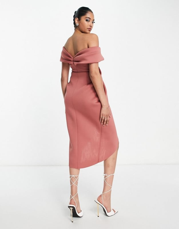 ASOS DESIGN off shoulder twist front midi dress in rose-Pink