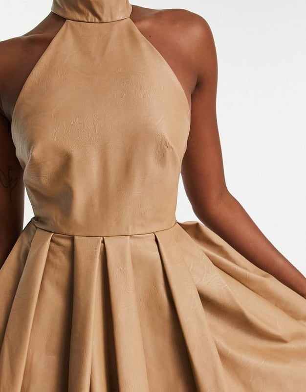 ASOS DESIGN halter neck PU prom mini dress in stone-Neutral