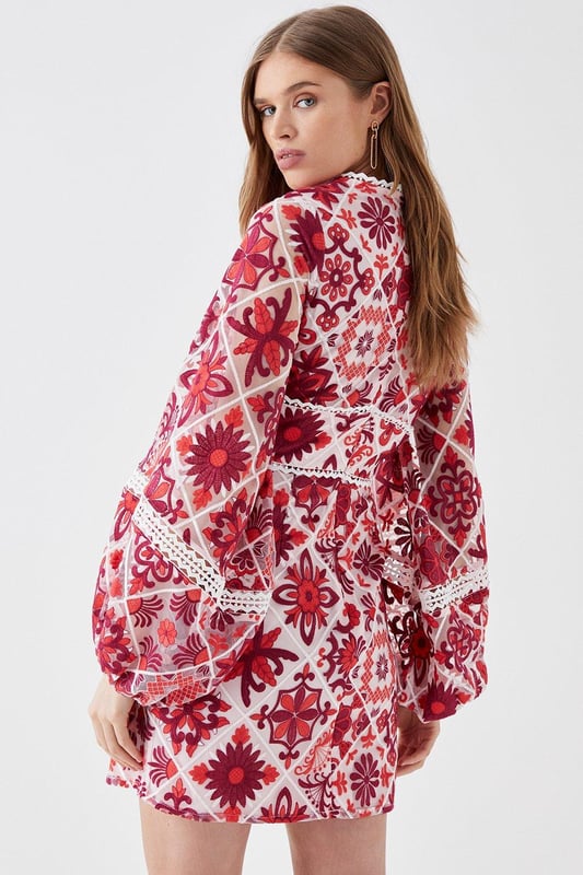 Long Sleeve Tile Lace Waist Panel Mini Dress