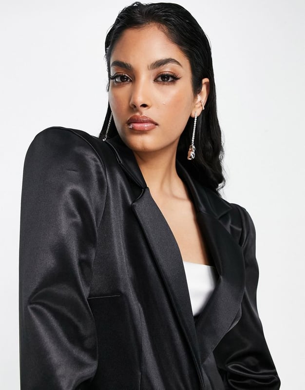 ASOS DESIGN jersey exaggerated shoulder satin suit blazer in black