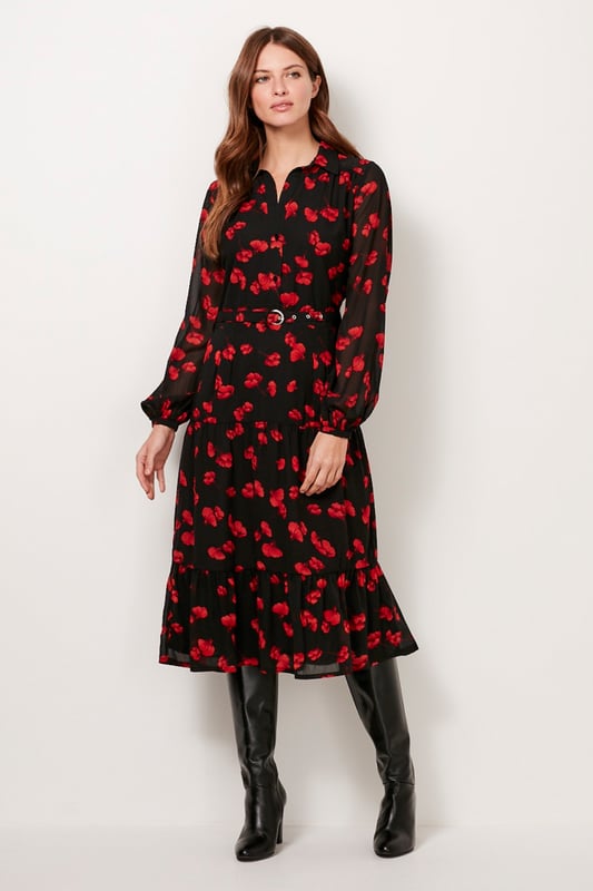 Red Poppy Print Tiered Shirt Dress