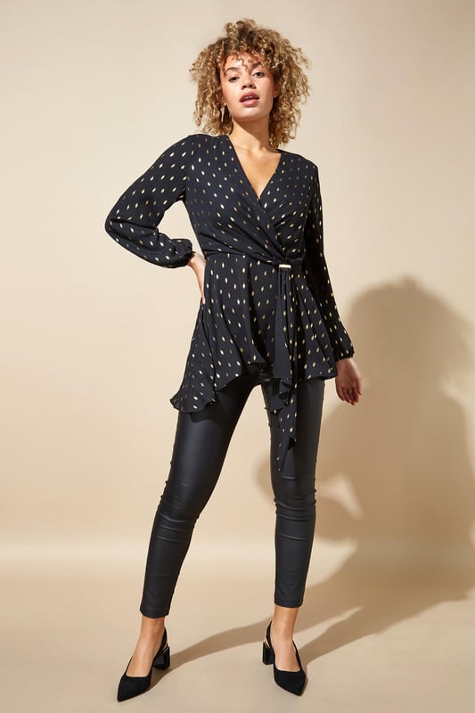 Metallic Polka Dot Print Cross Over Top