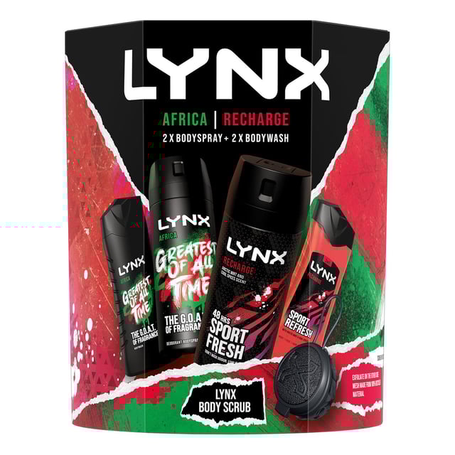 Lynx Recharge & Africa Body Wash, Body Spray 4Pcs Gift Set for Him with Scrubber