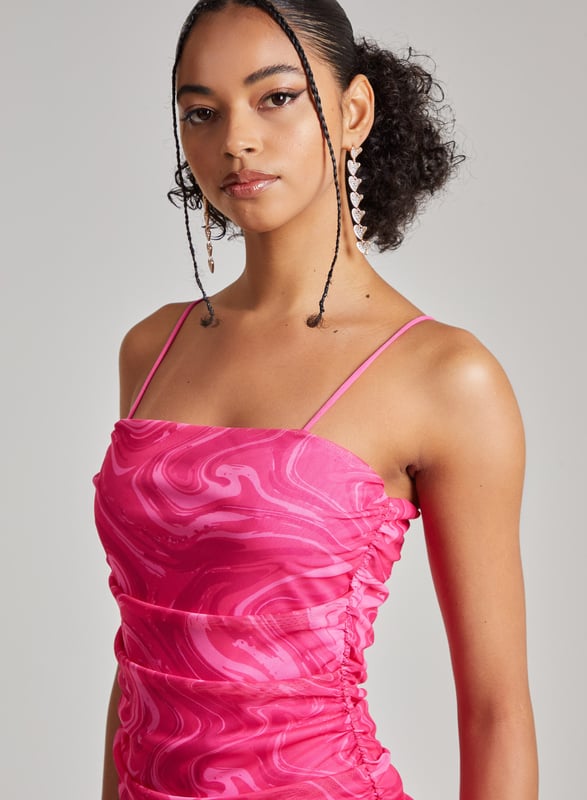 Swirl Print Mesh Strappy Ruched Dress