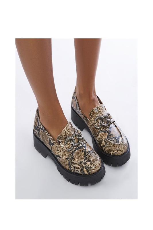 'Farida' Cream Snake Print Loafers