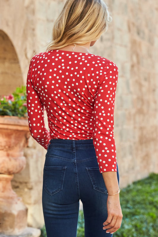Red & White Spot Print Ruched Neck Top