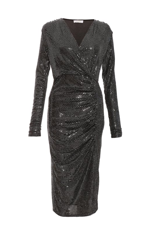 Black Sequin Wrap Midi Dress