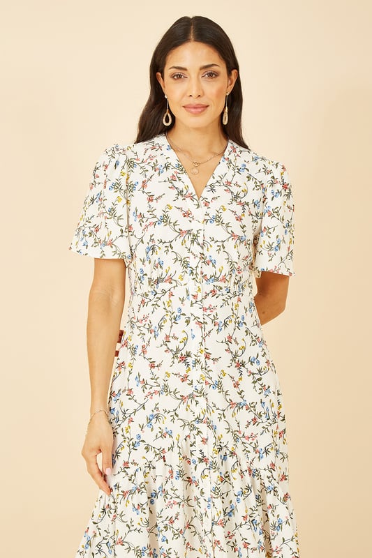 White Botanical Floral Button through Maxi Dress