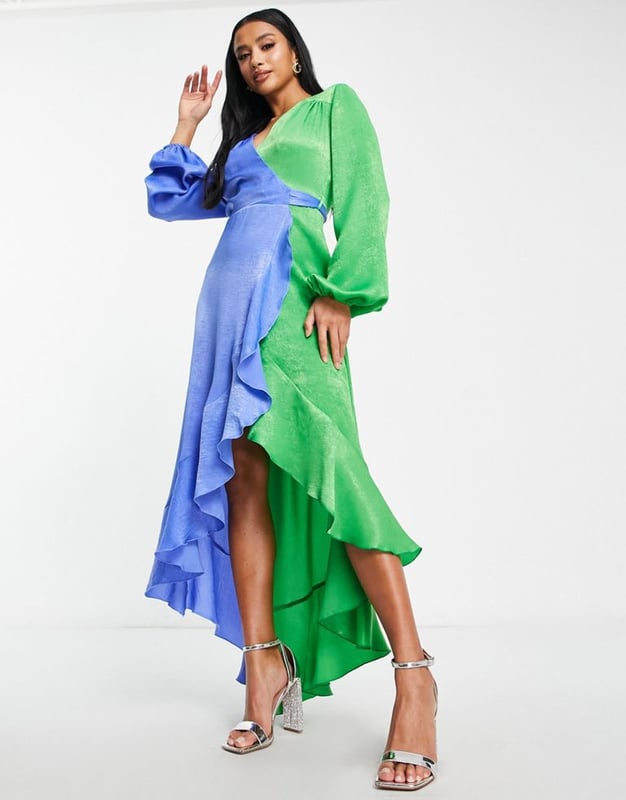 Flounce London Petite balloon sleeve ruffle maxi dress in contrast blue ...