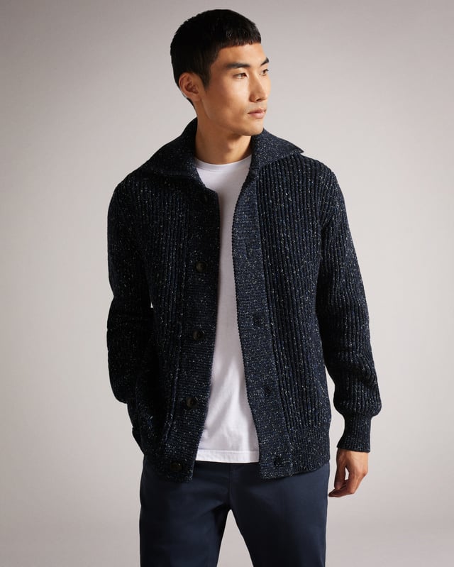 Ted Baker Comma Long-Sleeved Rib Button Through Cardigan, Navy