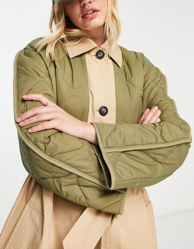 ASOS DESIGN hybrid quilted trench coat in khaki-Green
