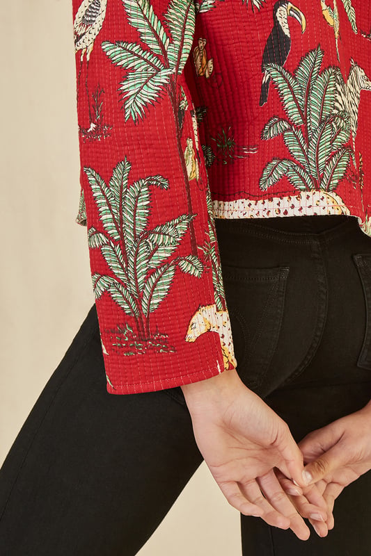 Red Animal Print Reversible Cotton Cropped Quilted Jacket