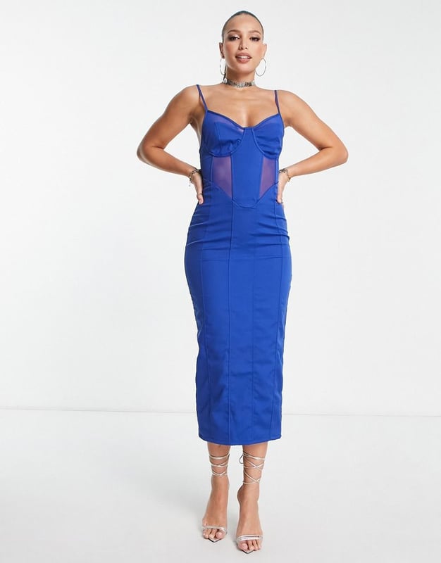 Simmi Tall mesh panelled corset midi dress in blue