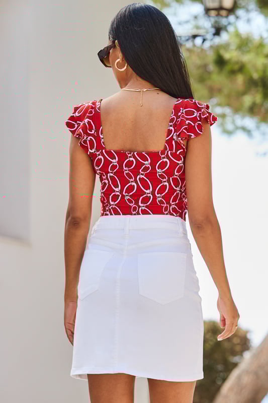 Red Chain Print Square Neck Ruffle Sleeve Top