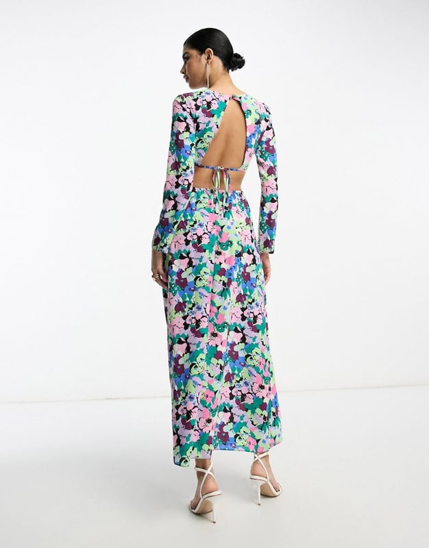 ASOS DESIGN waisted maxi dress in blue floral print-Multi