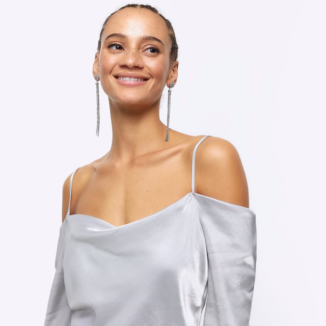 River Island Womens Top Silver Cold Shoulder Long Sleeve