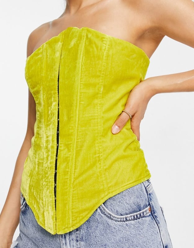 ASOS DESIGN Petite bandeau corset with hook & eye in chartruese velvet ...