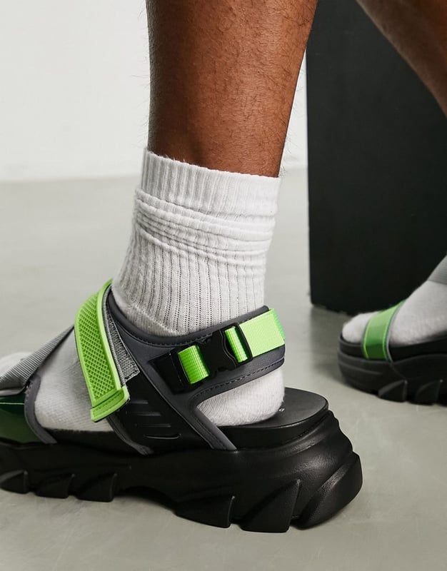 ASOS DESIGN tech sandals in black and neon green on chunky sole-Multi