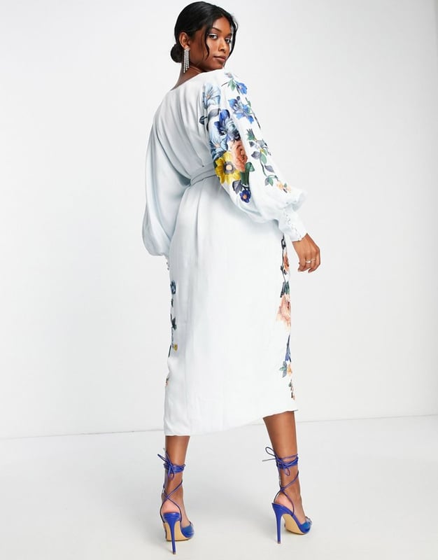 Asos Edition Embroidered Satin Belted V Neck Midi Dress In Pale Blue