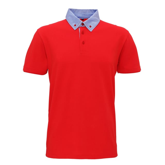Asquith & Fox Mens Chambray Button Down Collar Polo (Red/Denim)