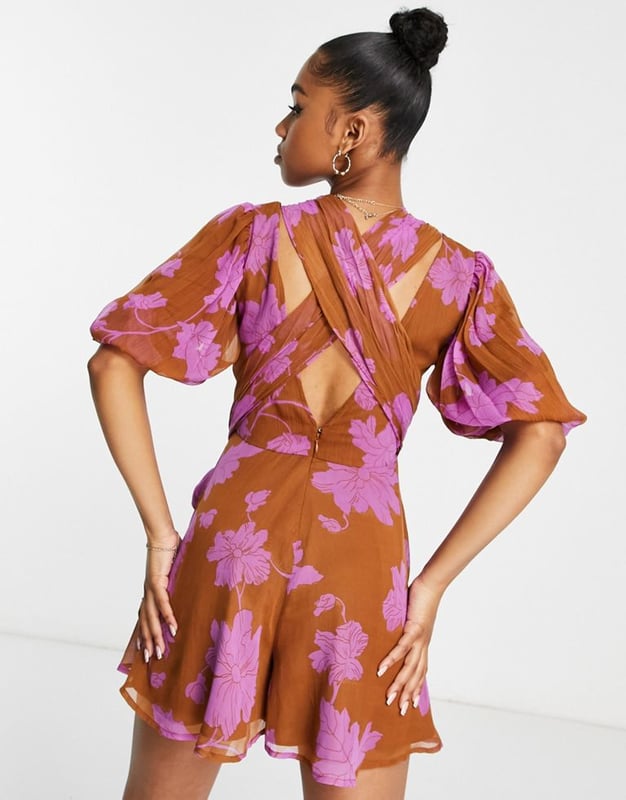 ASOS DESIGN drape chiffon flippy playsuit in rust floral print-Multi