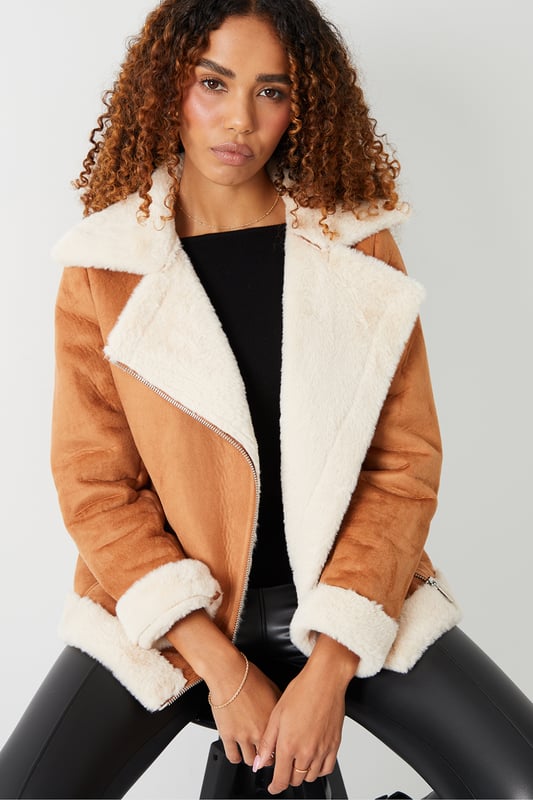 Brown 'Shannay' Faux Fur Lined Aviator Jacket