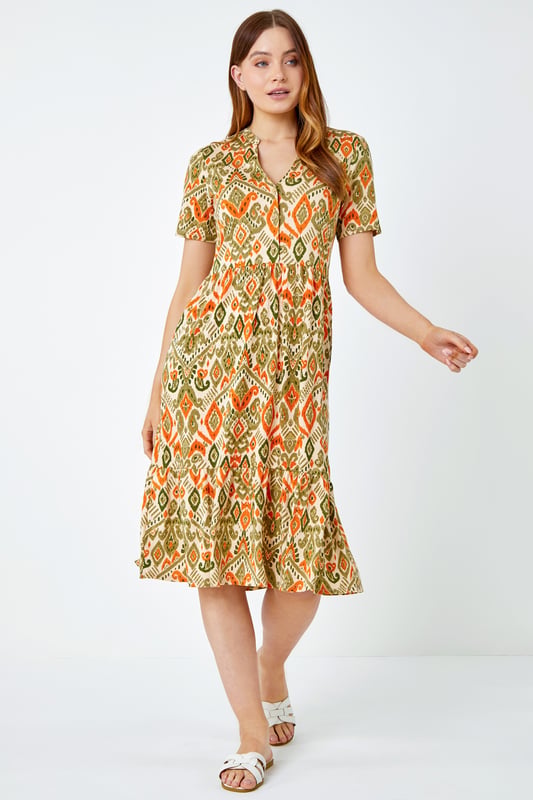 Aztec Print Tiered Midi Tea Dress