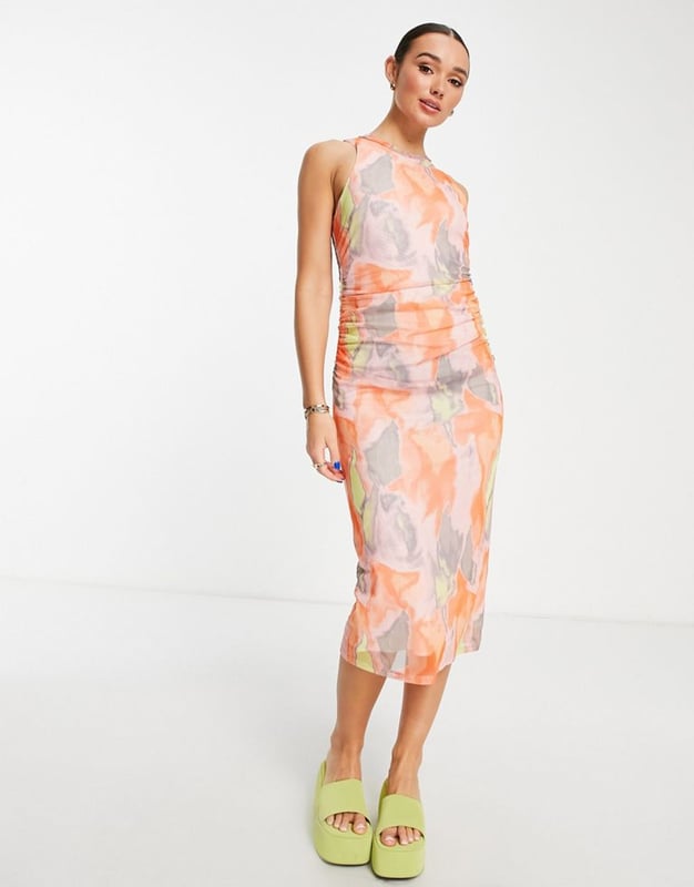 ASOS DESIGN mesh maxi dress with ruched sides in blurred abstract print ...