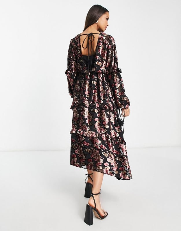 ASOS DESIGN lace trim burnout devore midi dress with long sleeves in ...