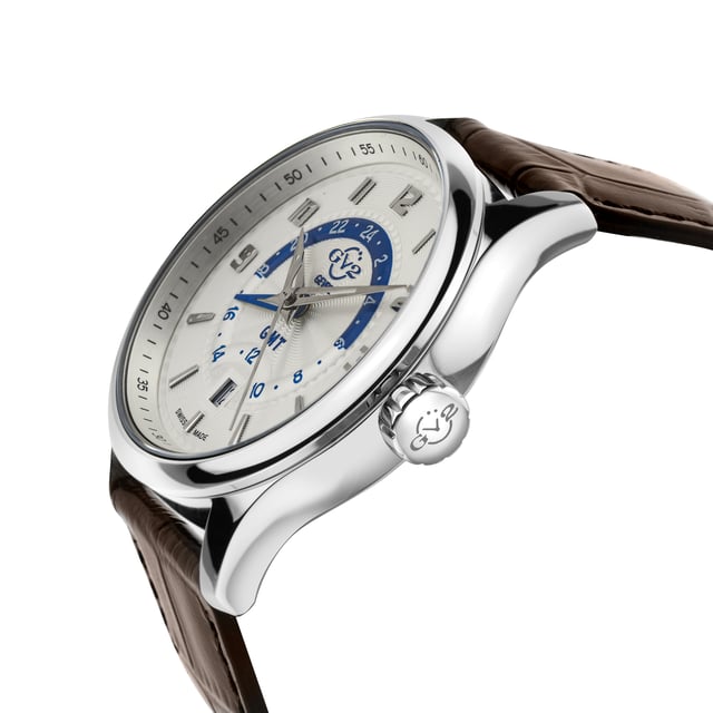 GV2 Men's Giromondo Silver Dial Brown Calfskin Leather Watch