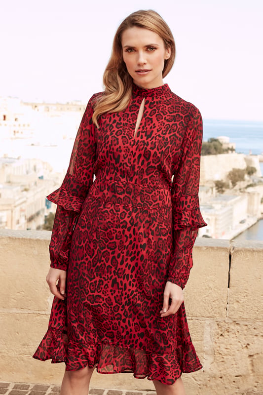 Red Leopard Print Fit And Flare Ruffle Dress