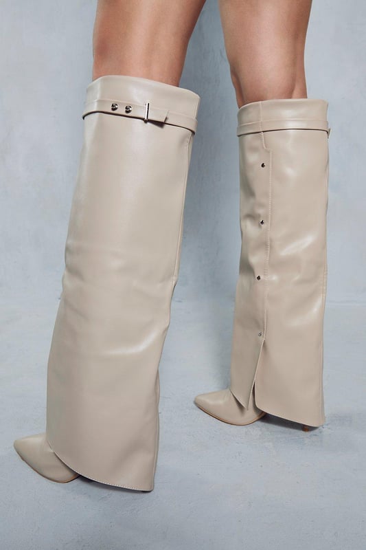 Leather Look Fold Over Pointed Boots