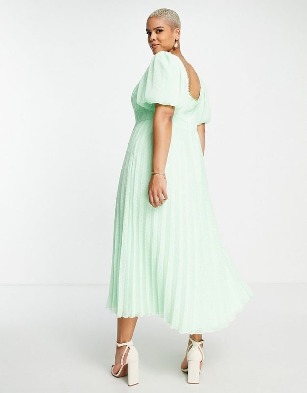 Asos Design Curve Puff Sleeve Pleated Dobby Midi Dress With Scallop